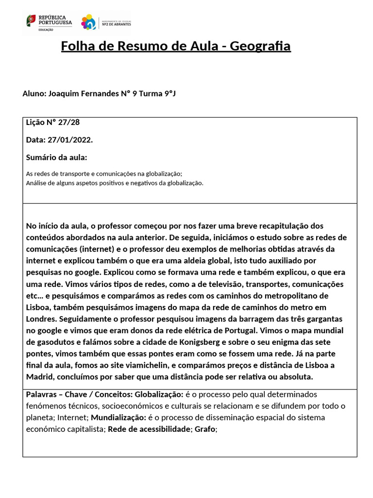 Folha de Resumo de Aula - Geografia | PDF