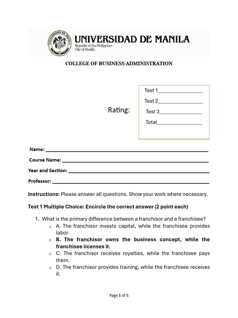 Franchising Prelim Examination Final | PDF