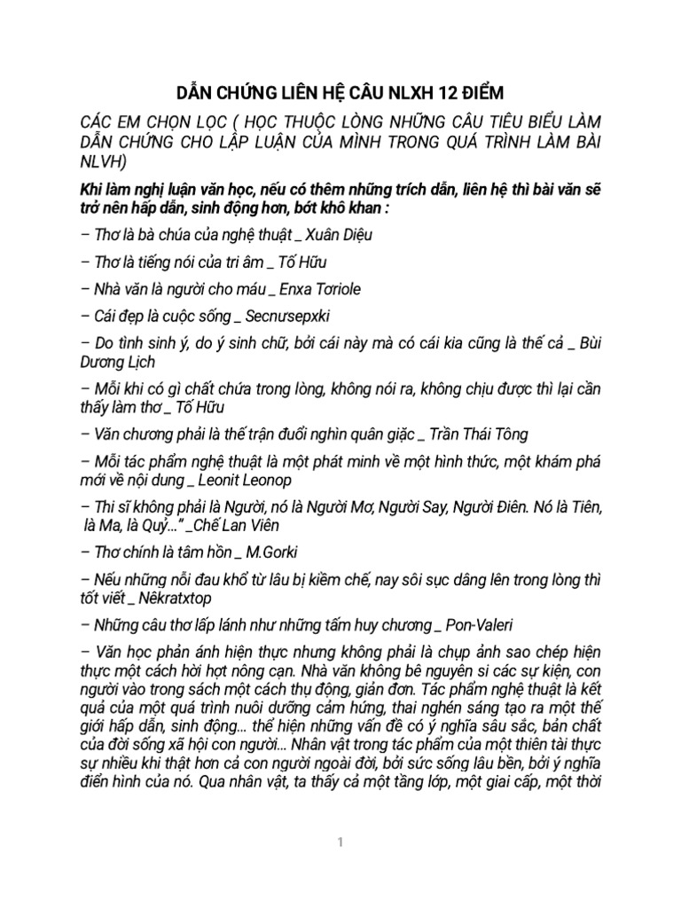 Dẫn Chứng Liên Hệ Câu Nlvh 12điểm | PDF