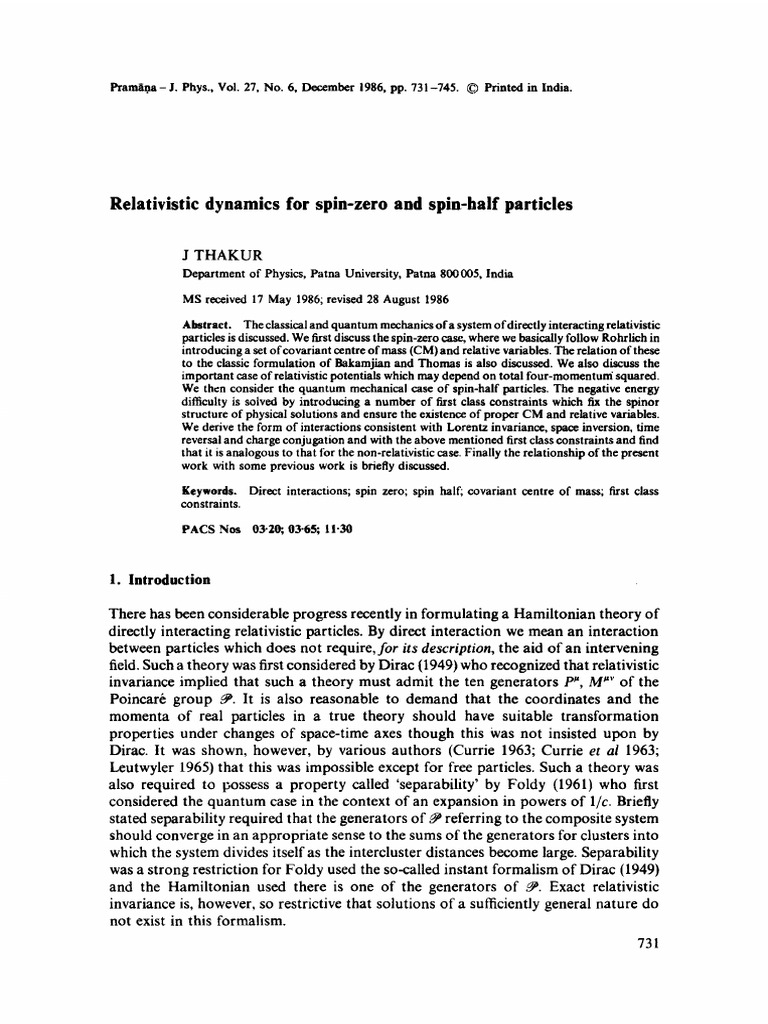 Relativistic Dynamics For Spin-Zero and Spin-Half Particles | PDF