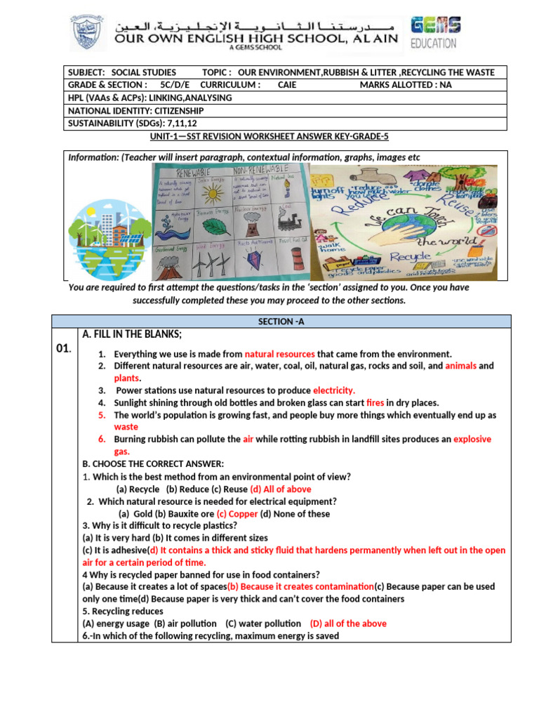 Unit 1 SST Revision Worksheet Answer Key Grade 5caie 2024 25 | PDF