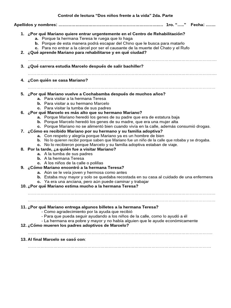 Control Lec. Dos Niños Frente A La Vida 2 | PDF