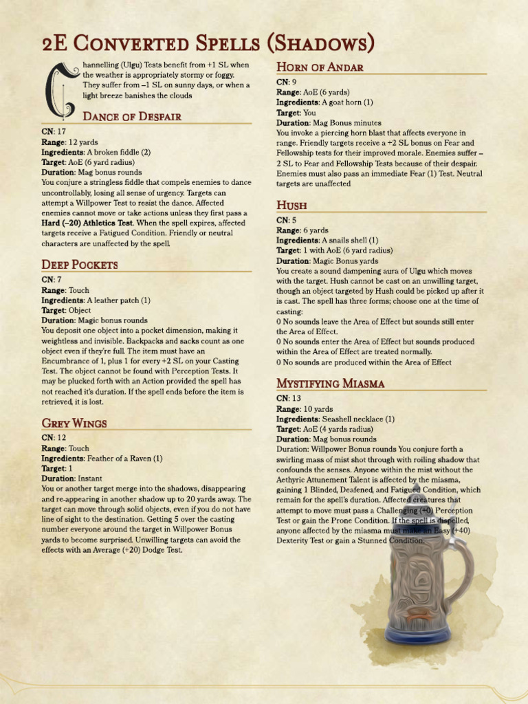 WFRP 4e Shadow Spells Converted To 2e | PDF