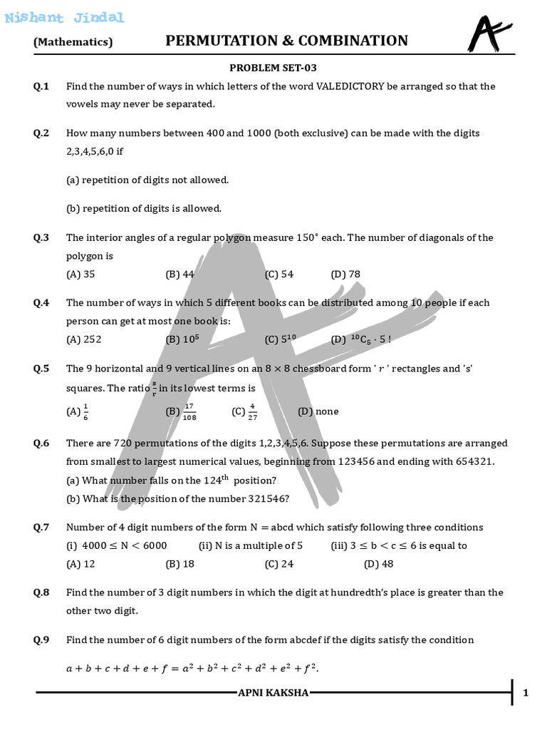 DPP 03 Problem Set 03 Permutation & Combination NJ 247-Unlocked | PDF