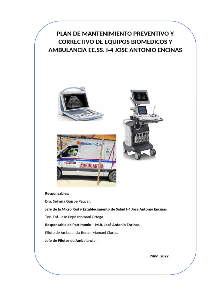 PLAN DE MANTENIMIENTO PREVENTIVO Y CORRECTIVO DE EQUIPOS BIOMEDICOS Y AMBULANCIA EE | PDF