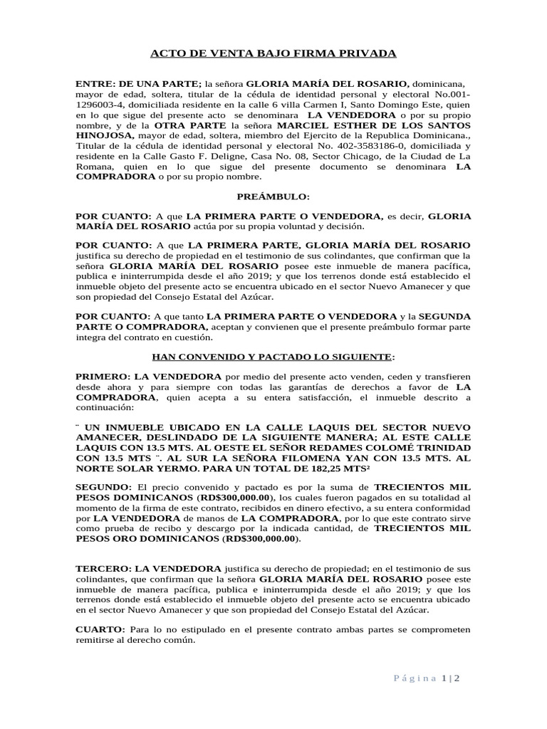 Acto de Venta Bajo Firma Privada | PDF