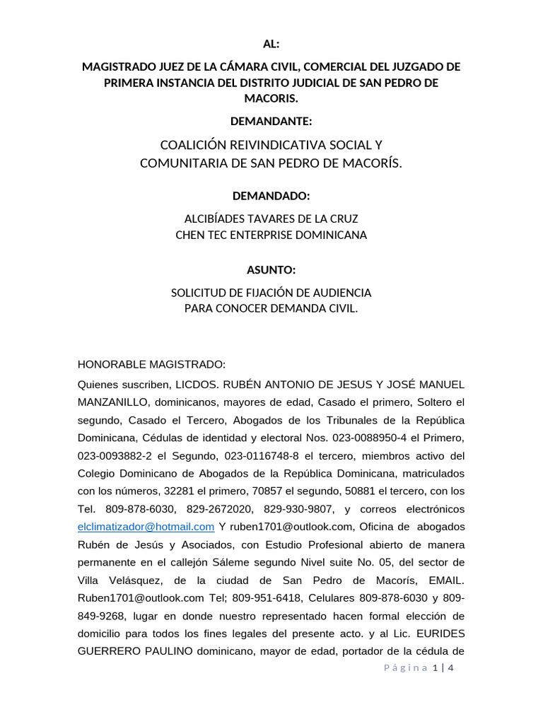 Solicitud de Fijación de Audiencia Demanda Civil | PDF