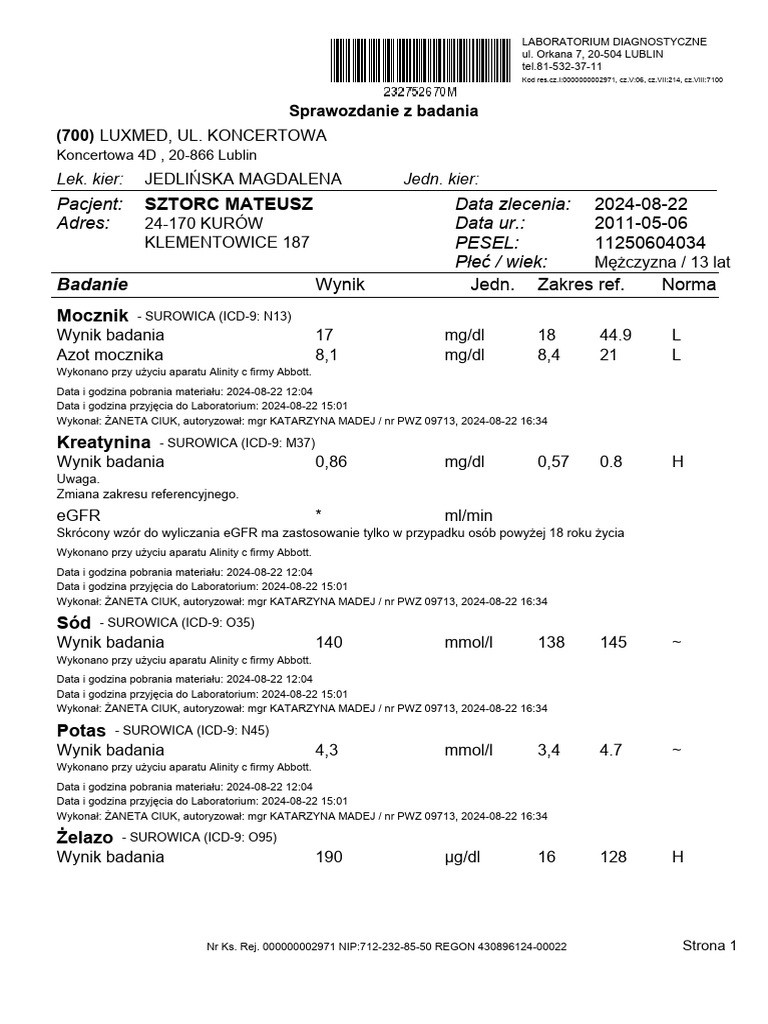 Pacjent: Data Zlecenia: Adres: Data Ur.: Pesel: Płeć / Wiek | PDF