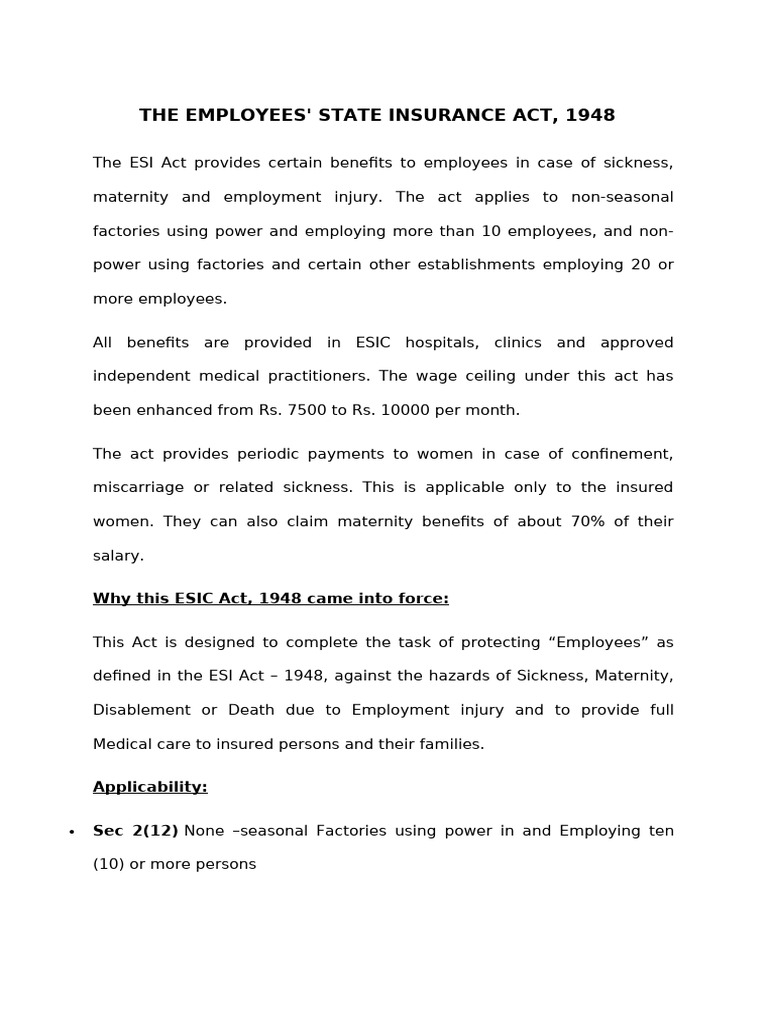 The Employees' State Insurance Act, 1948 | PDF