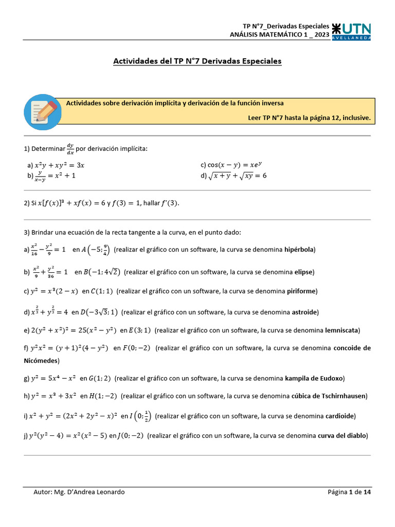 Actividades Del TP N°7 - Derivadas Especiales - AMI - 2023 - UTN - FRA | PDF