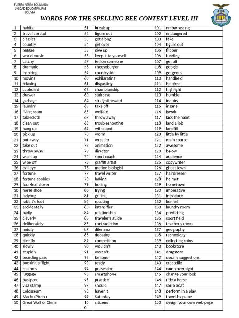 Spelling Bee Level 3 | PDF