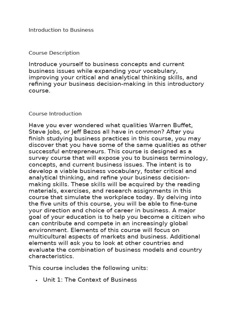 Intro To Business - COurse Outline | PDF