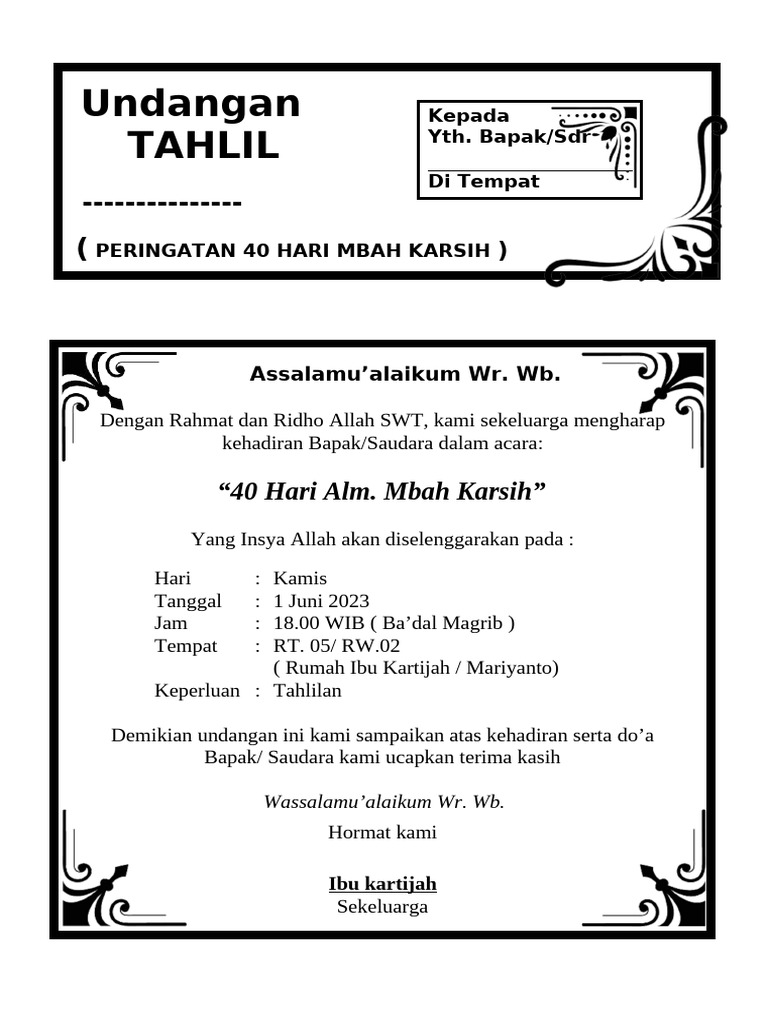 Surat Undangan Tahlilan 40 Hari A4 | PDF