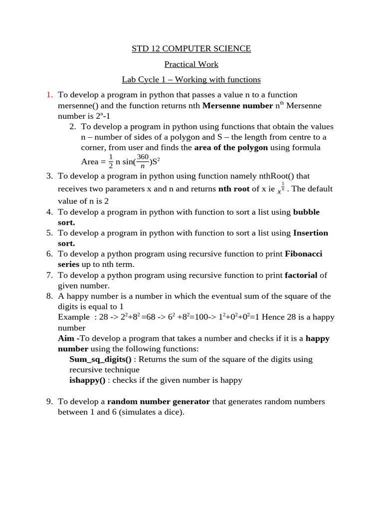 Class 12 CBSE Practical Questions 2024-25 | PDF