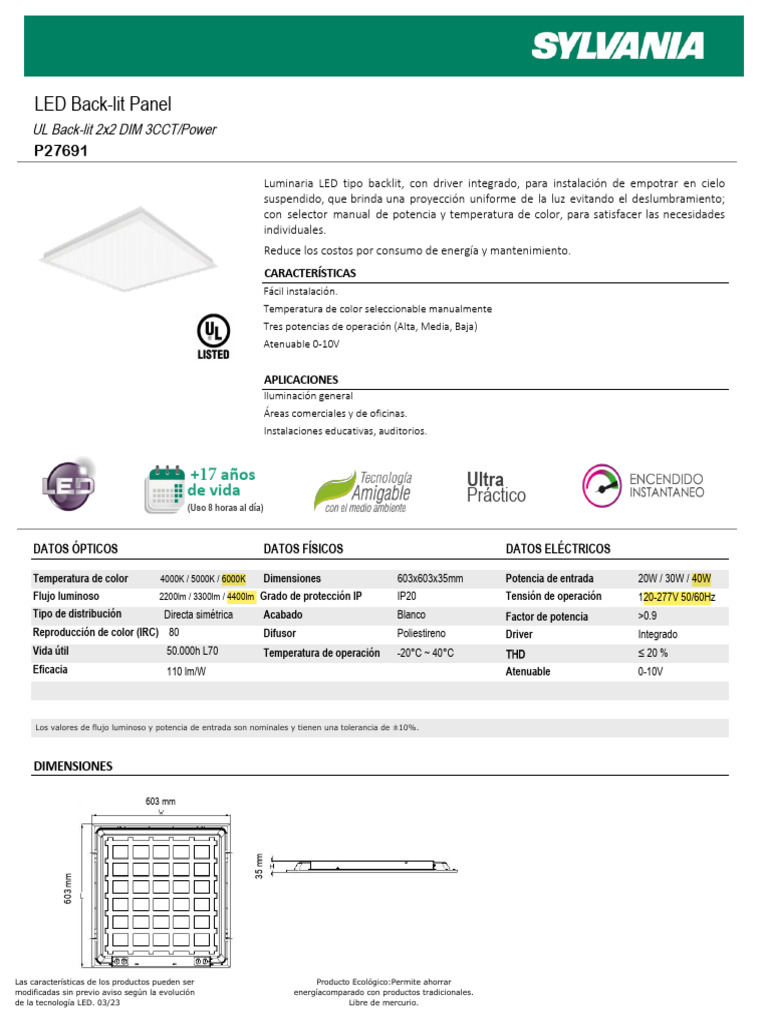 P27691 Ul Back-Lit 2X2 Dim 3CCT Power - Sylvania | PDF