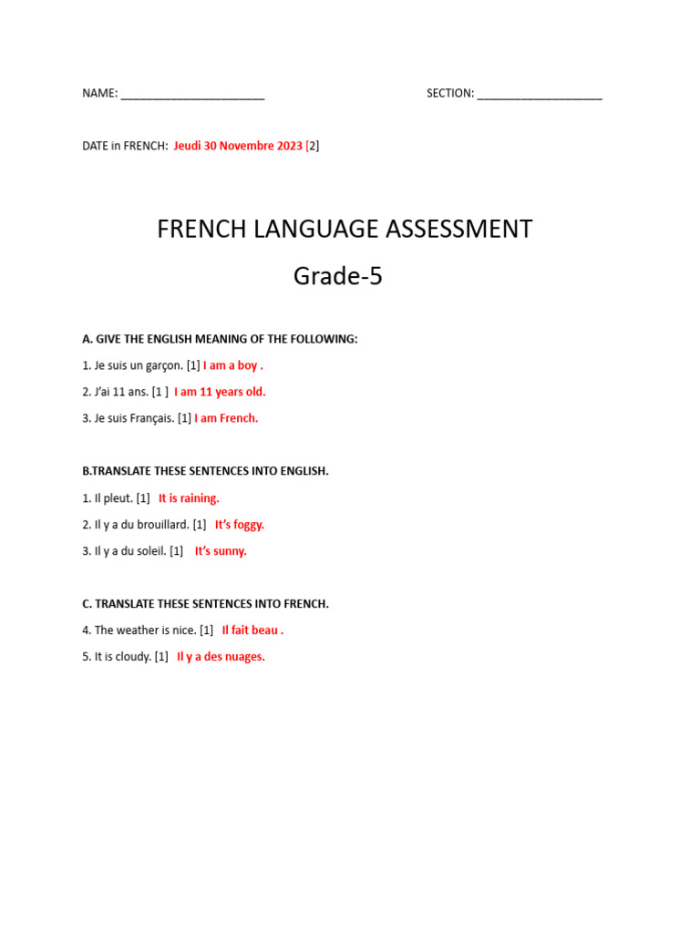 French Language Assessment Grade-5: Jeudi 30 Novembre 2023 | PDF