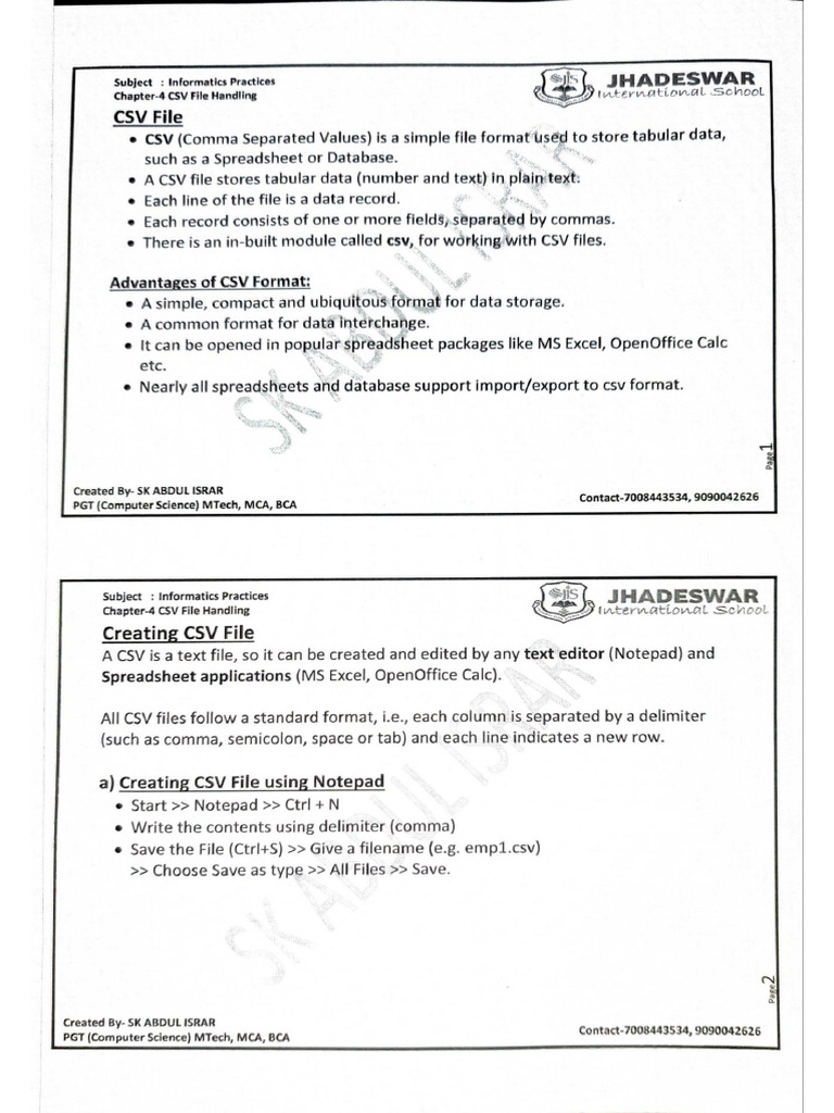 Class 12 IP Ch-1 CSV File Handling | PDF Class 12 IP Ch-1 CSV File Handling | PDF