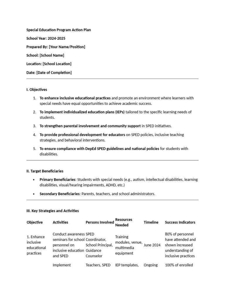 Special Education Action Plan 2024-2025 | PDF | Special Education | Individualized Education Program