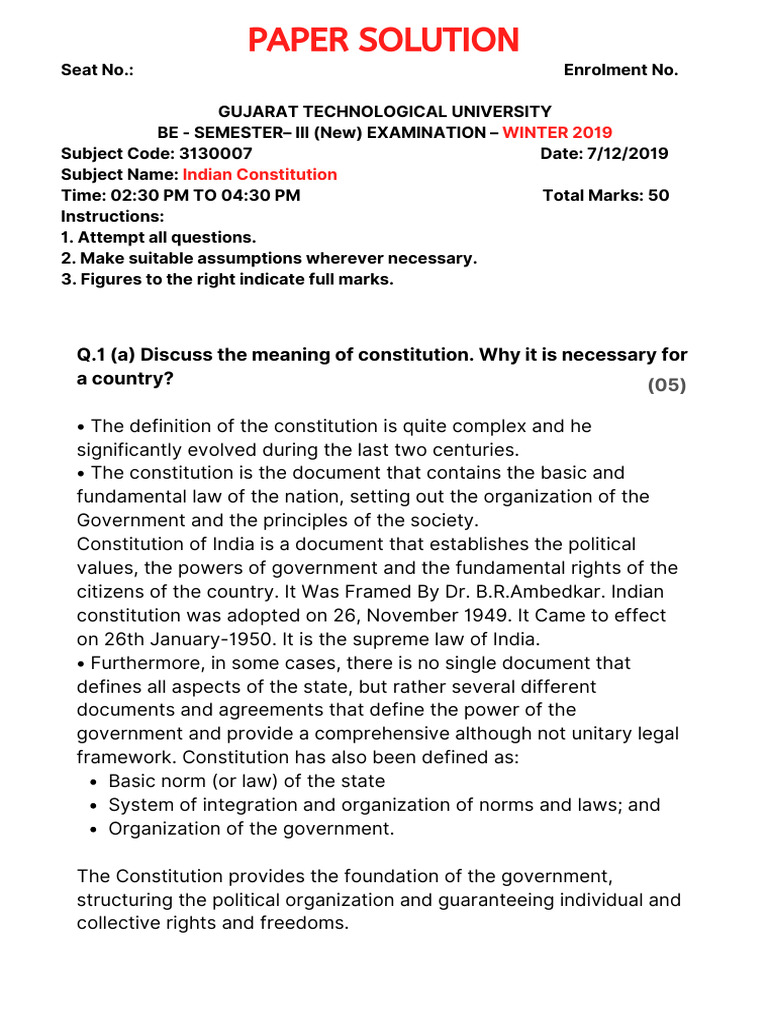 GTU Indian Constitution 3130007 Winter 2019 Paper Solution | PDF
