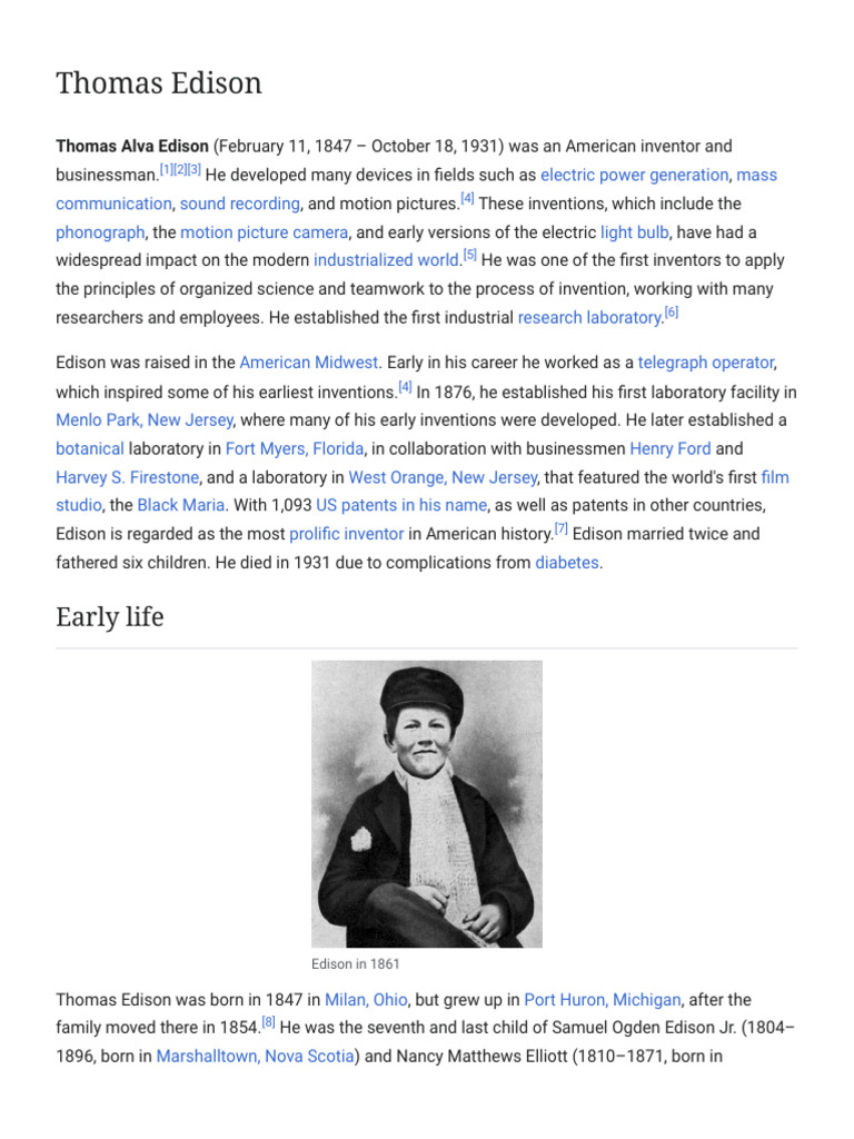 Thomas Edison - Wikipedia | PDF