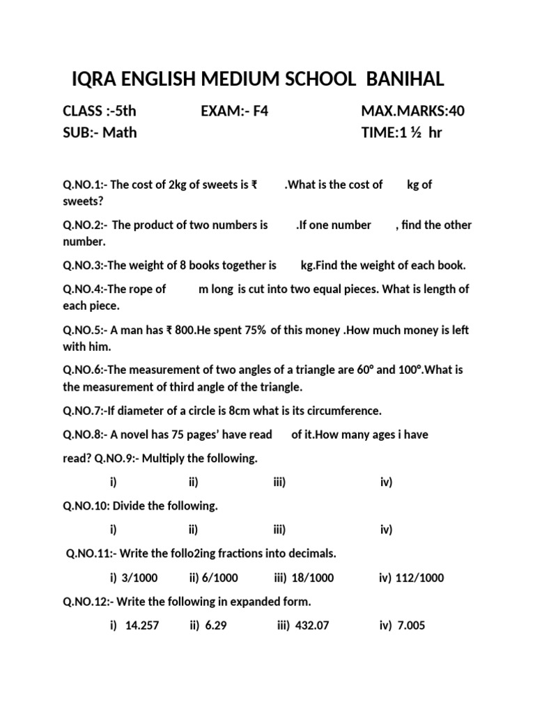 5th Math f4 | PDF