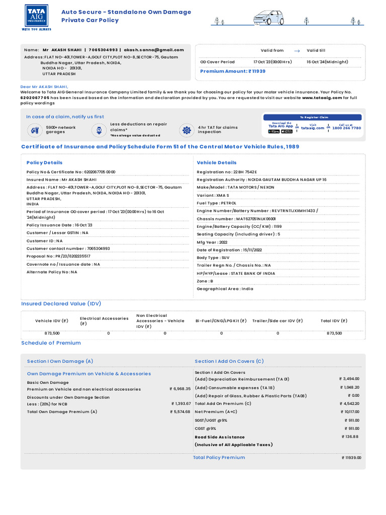 Tata AIG Motor Policy Schedule - 3184 - 6202067705-00 | PDF | Insurance ...