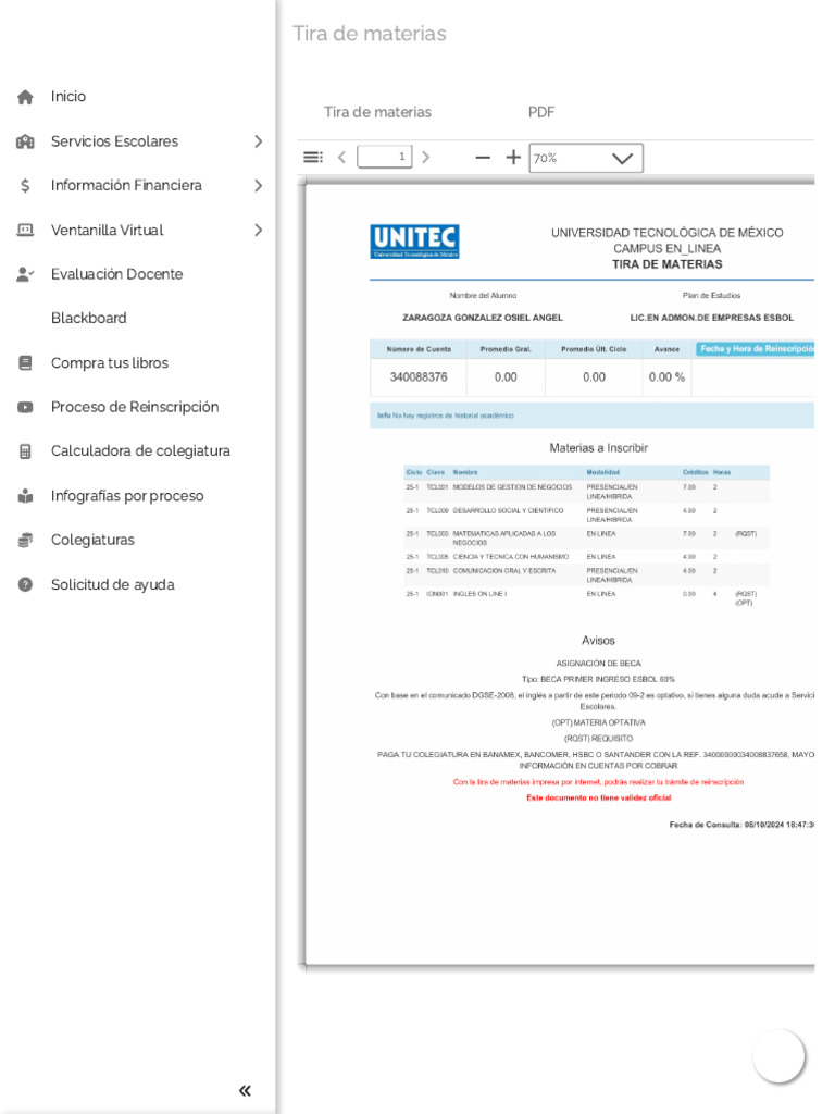 Tira de Materias - Ventanilla Virtual | PDF