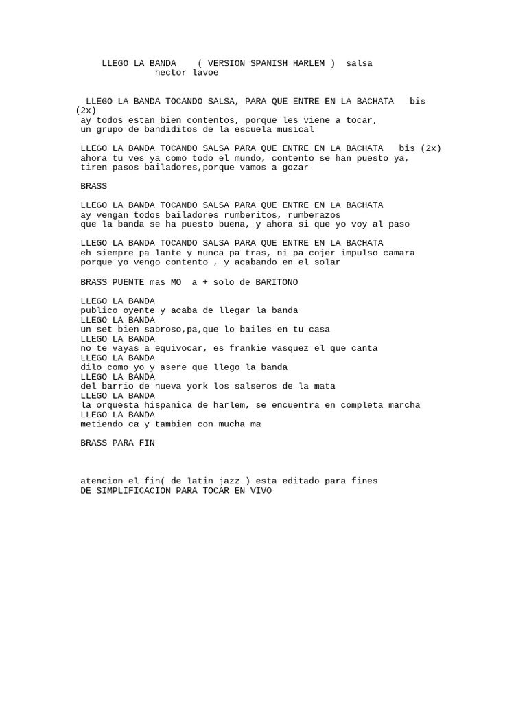 LLEGO LA BANDA VERSION SPANISH HARLEM Salsa | PDF