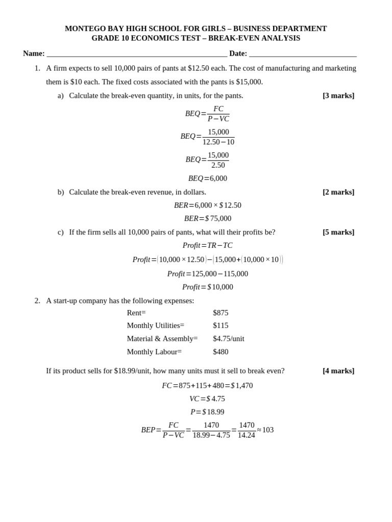 Break Even Analysis Test Solution Pdf