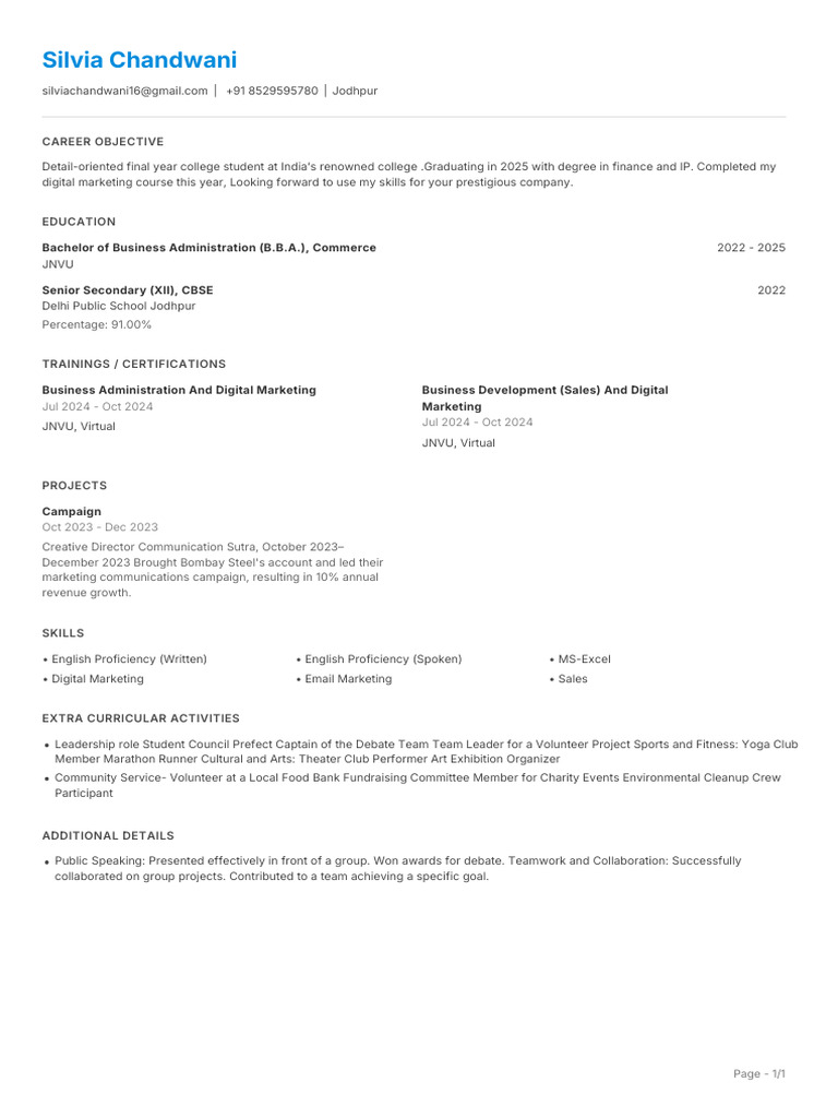 SilviaChandwani InternshalaResume | PDF