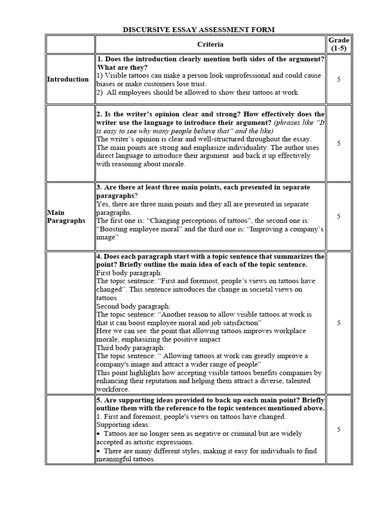Discursive Essay Assessment Form | PDF