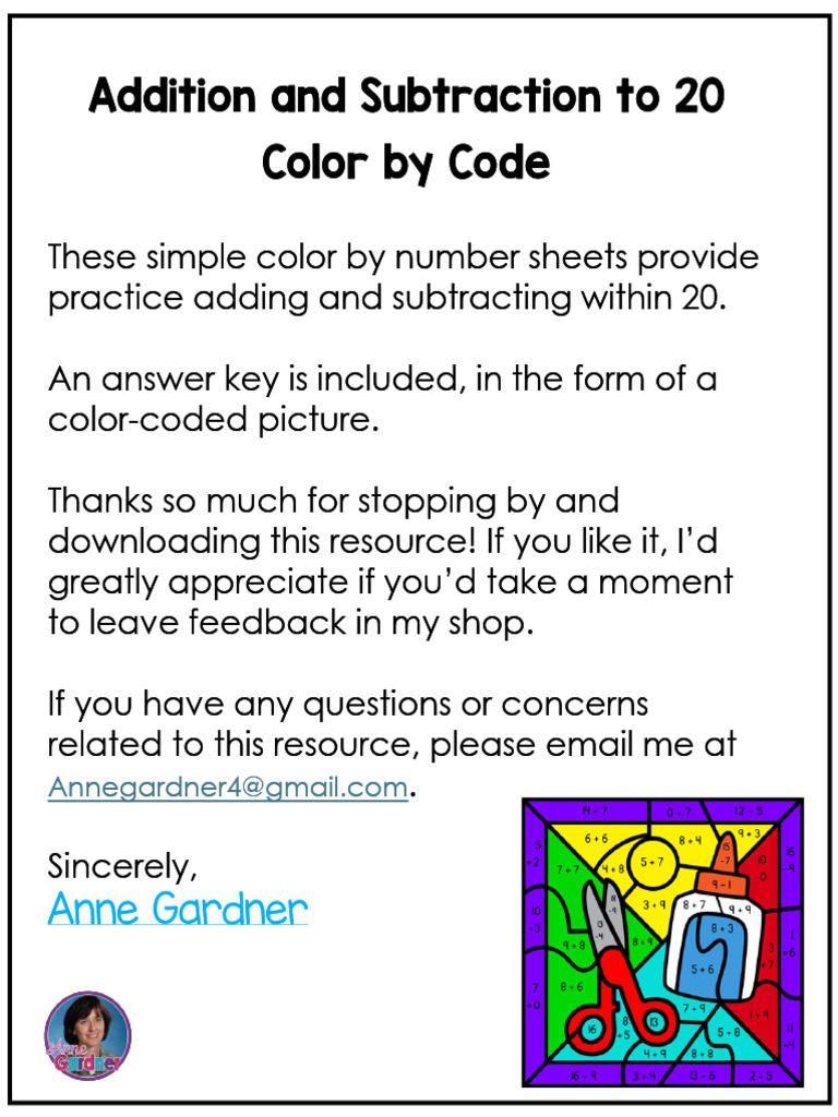 Addition and Subtraction To 20 Color by Code Addition and Subtraction ...