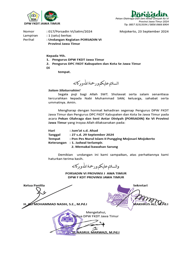 Undangan Porsadin Vi DPW & DPC FKDT Jatim | PDF