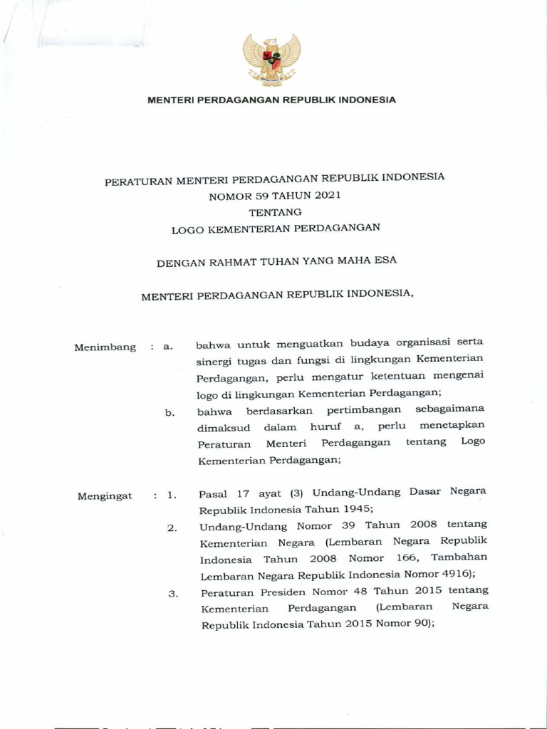 Permendag No.59 Tahun 2021 - Logo Kemendag | PDF