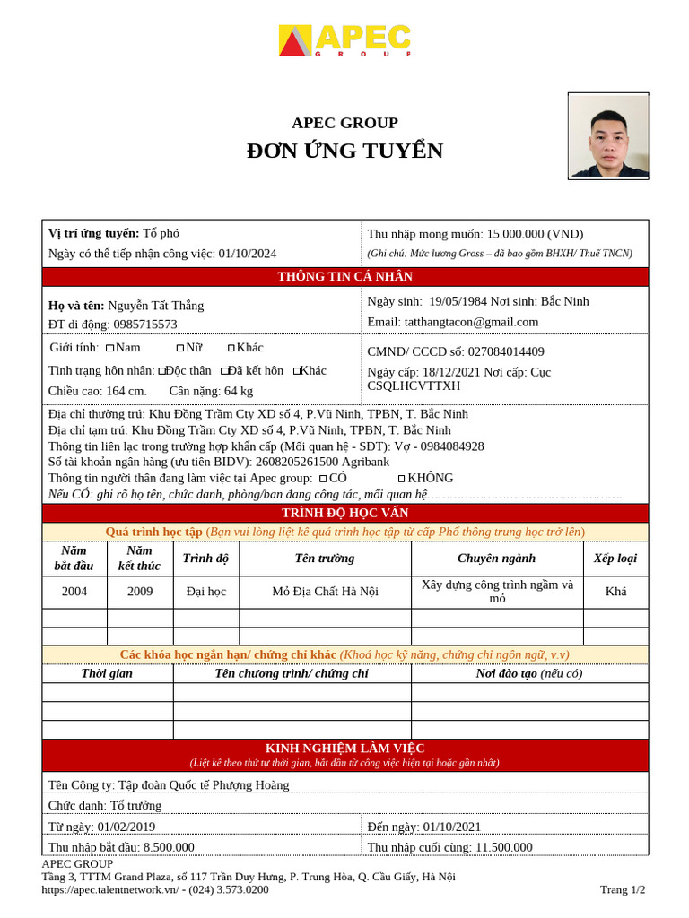 (Apec) - Application Form - Mới Nhất 24.7.2024 | PDF