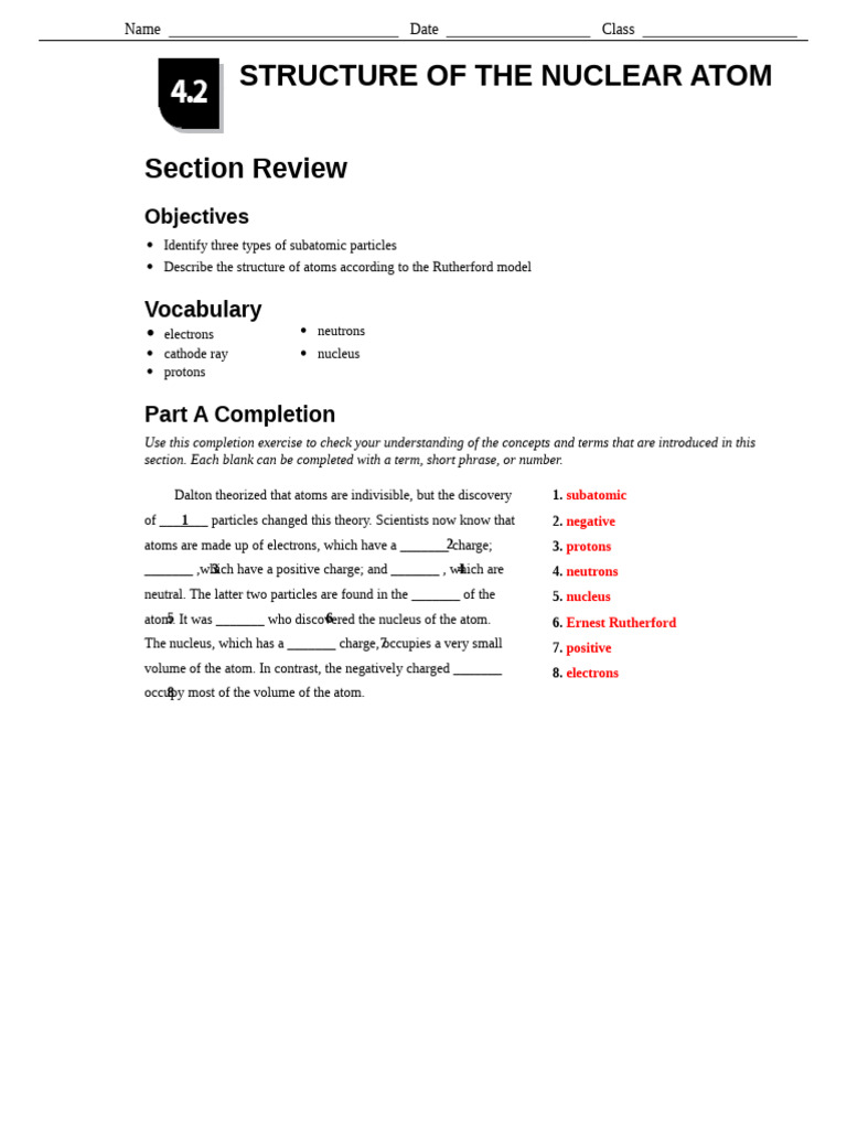 Section Review: Structure of The Nuclear Atom | PDF | Atoms | Teaching ...