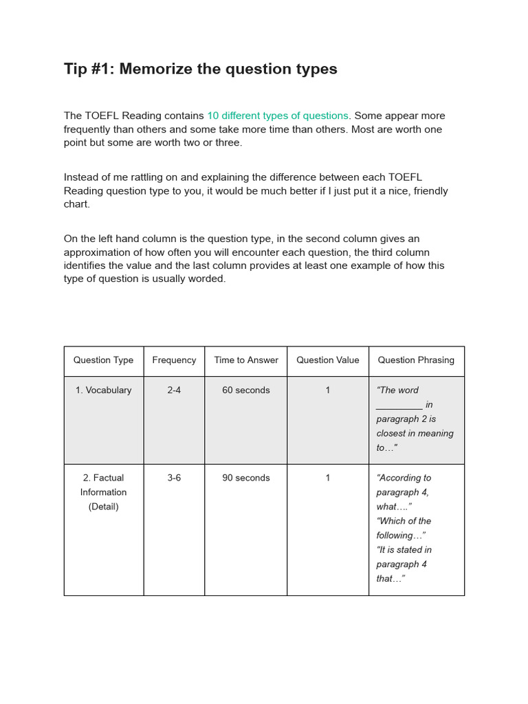 TOEFL Reading Questions and Tips | PDF