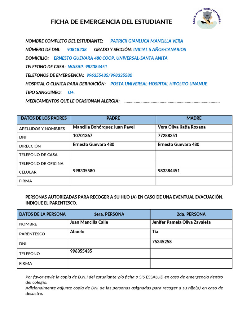FICHA DE EMERGENCIA DEL ESTUDIANTE OK (2) | PDF