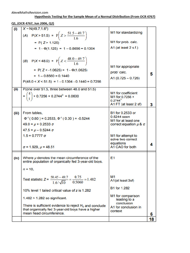 Hypothesis Testing For The Sample Mean Of A Normal Distribution Ms Pdf