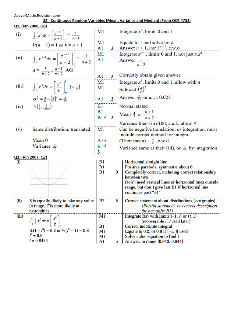 Continuous Random Variables (Mean, Variance and Median) MS | PDF