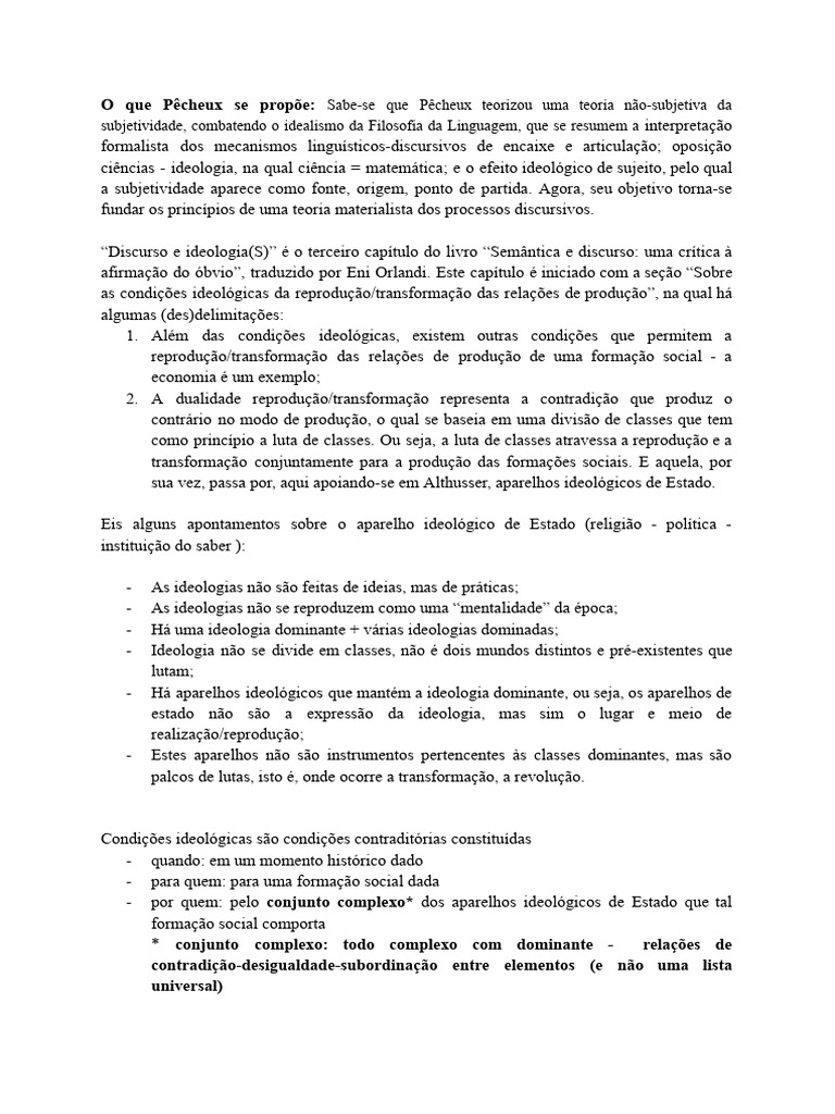Fichamento "Discurso e Ideologia" - Pêcheux | PDF
