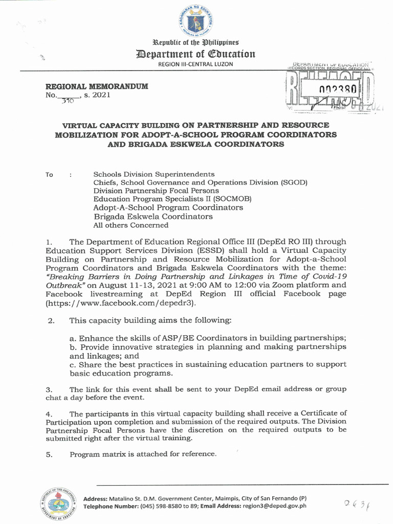 RM No. 310, S. 2021 - Virtual Capacity Building On Partnership and Resource Mobilization For ...
