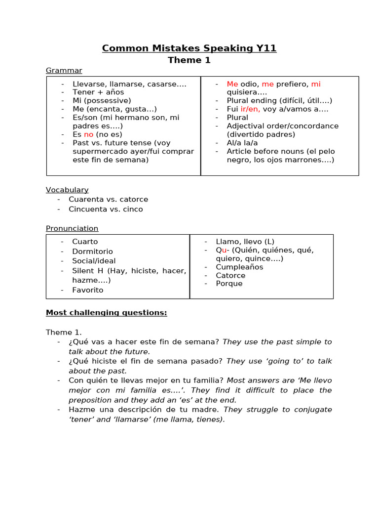 Common Mistakes Speaking Y11 | PDF