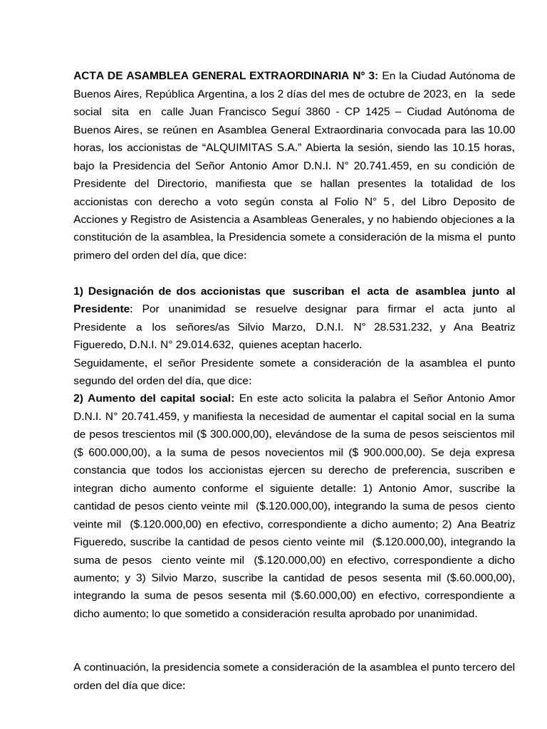 Acta de Asamblea Extraordinaria Aumento de Capital | PDF | Gobierno