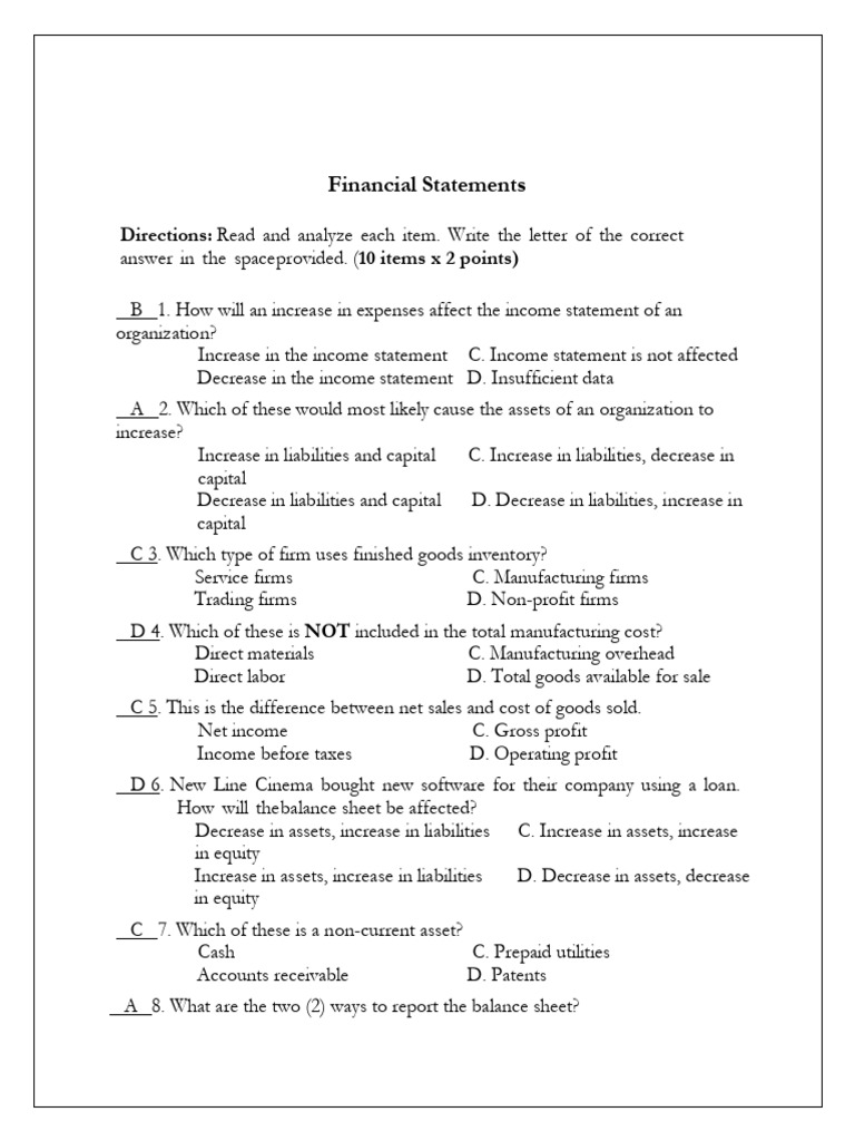 Financial Statement Analysis Quiz | PDF | Income Statement | Finance ...