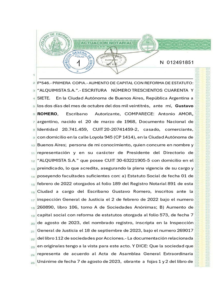 Aumento de Capital y Reforma Del Estatuto El Alquimista Sa | PDF
