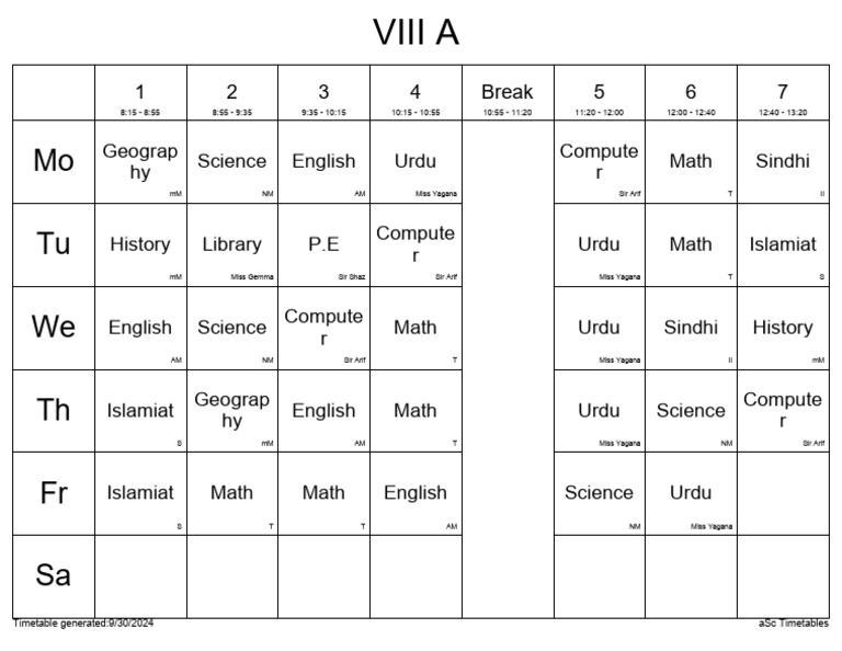 2024 Timetable for Class VIII A | PDF