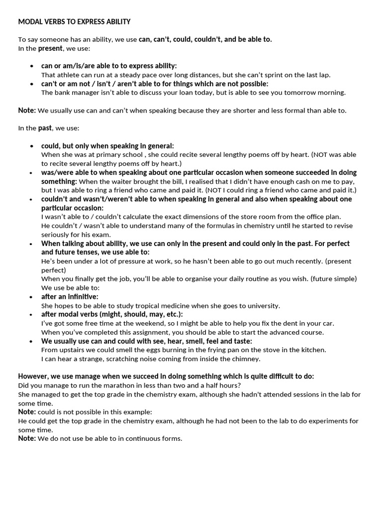 Modal Verbs Ability | PDF