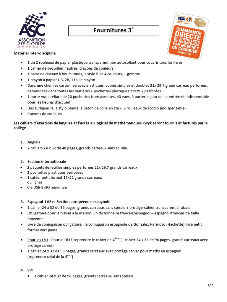 05 - Fournitures 3e 3 | PDF
