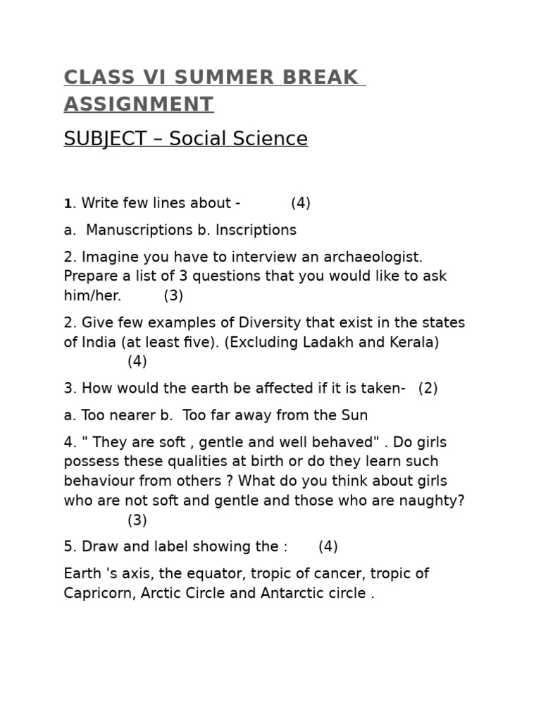 Summer Break Assignment - Class Vi | PDF